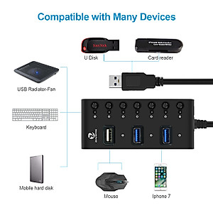 USB Hub 3.0 Network Hubs 7-Port USB 3.0 Hub with Smart Charging Port and Individual On/Off Power Switches for Windows 10/8 / Vista/XP and Mac OS X, Linux and Chrome OS