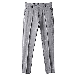 Men's Plaid Business Comfort Pant Casual Straight Fit Tapered Suit Pant Classic Lightweight Loose Fit Trousers (Light Grey,33)
