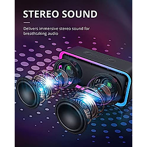 Kunodi Bluetooth Speaker, Bluetooth 5.0 Wireless Portable Speaker with 10W Stereo Sound, Party Speakers with Ambient RGB Light,18-Hour Playtime,IPX5 Waterproof Speakers for Outdoors, Travel（Black