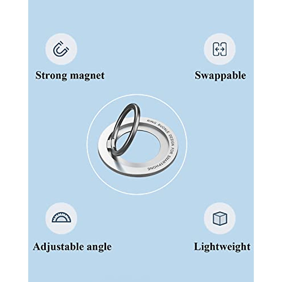 Phone Grip Neowic Magnetic Phone Ring Holder, Adjustable Cell Phone Kickstand, Removable Finger Holder, (with 2PC Ultra Thin Metal Ring for Phone Case/No Mag Phone), Black