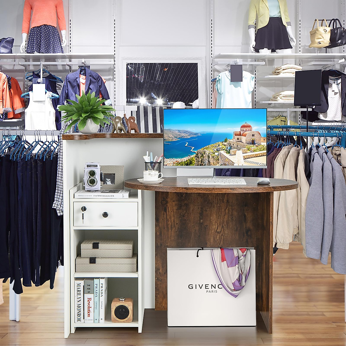 Tangkula Reception Desk, Front Counter Desk with Lockable Drawer & Adjustable Shelf, Oval Desktop, Retail Counter for Checkout, Computer Workstation for Salon Lobby Office, Home Office Desk