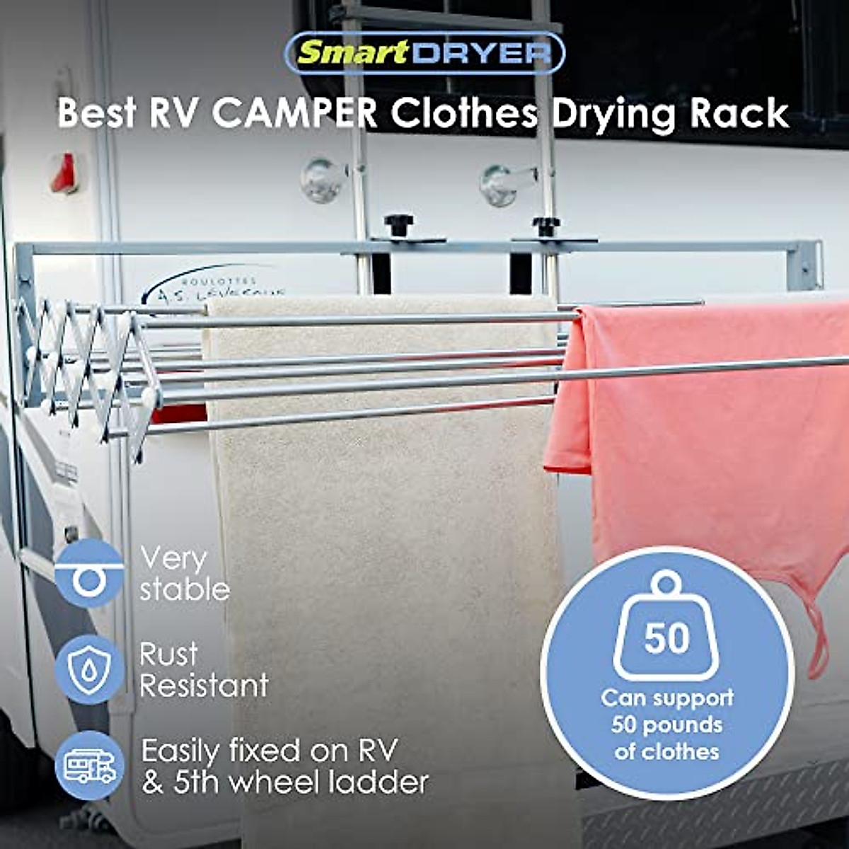 The Original Smartdryer RV Ladder Clothes Drying Rack, Outdoor Clothes Drying Rack, Wall Mounted Drying Racks for Laundry - Full Size Version - 46 Inch