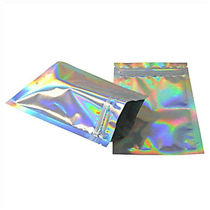 100Pcs Stand Up Holographic Reclosable Zip Lock Bags Heat Sealable Aluminum Foil Plastic Pouch Food Storage Coffee Snack Bag Colored Retail Sample Bag Silver 5.5×7.9in (14×20cm)