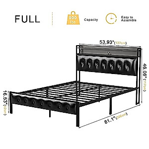 HAUSOURCE Full Bed Frame with Storage Headboard & Footboard Upholstered Platform Bed with LED Lights USB Ports & Outlets No Box Spring Needed