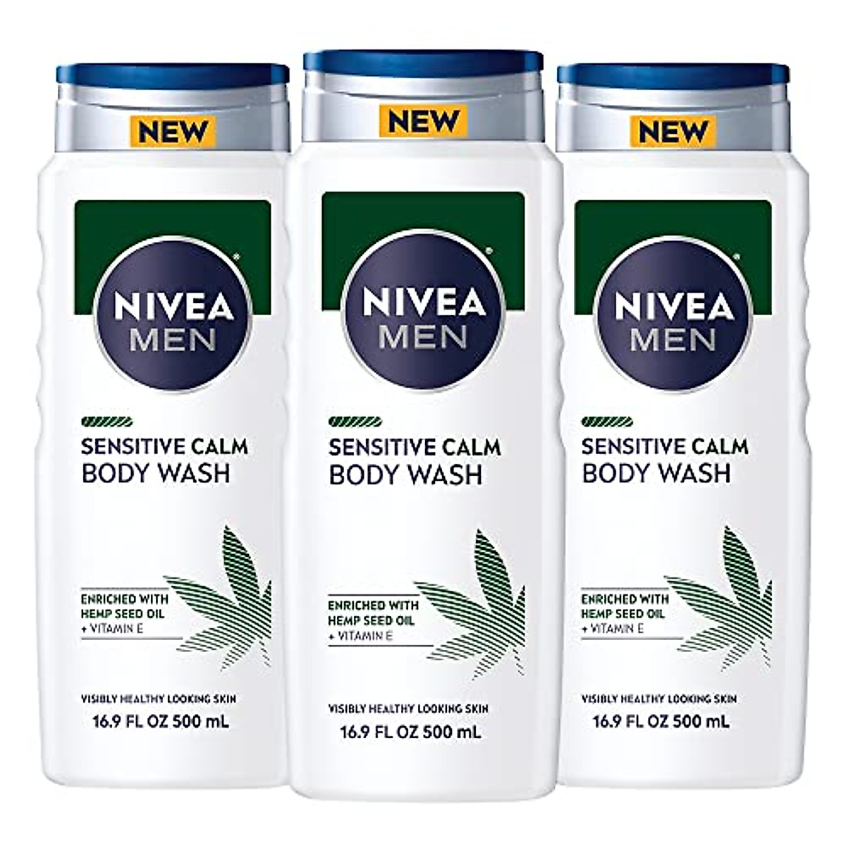 NIVEA MEN Sensitive Calm Body Wash with Vitamin E and Hemp Seed Oil, 3 Pack of 16.9 Fl Oz Bottles