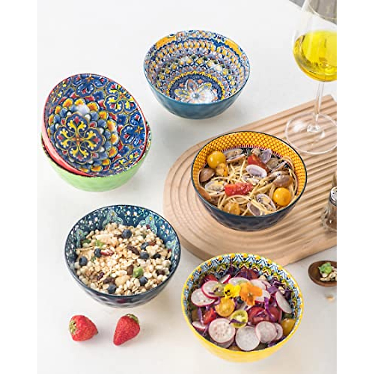 HENXFEN LEAD Ceramic Cereal, Soup Bowls Set of 6-25 Oz Deep Colorful Porcelain Serving Bowls for Dinner, Pasta, Salad, Oatmeal - Bohemian Style