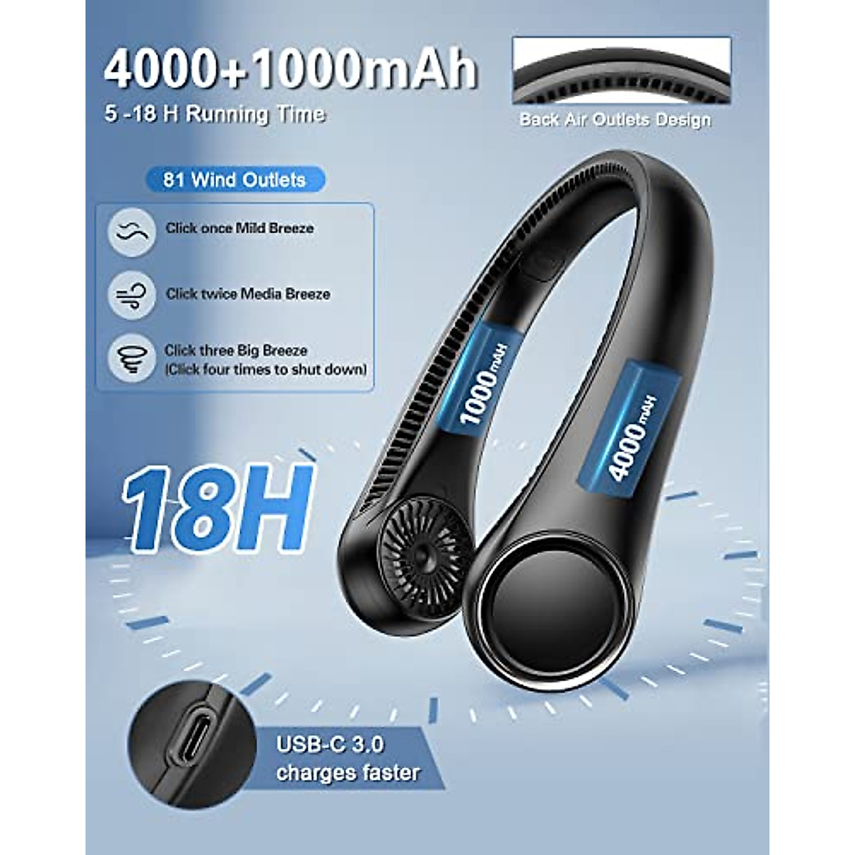 UMEIJA Neck Fan Portable Fan Personal Neck Fan USB-C Hands Free Bladeless Fan with 5000 mAh Rechargeable Battery 3 Speeds Quiet Wearable Cooling Hanging Neck Fan for Home Office Sports Travel (Black)