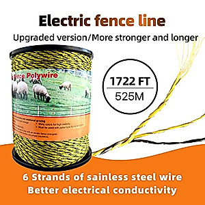 GGTYHAO Electric Fence Polywire Upgraded 1722 Feet，525 Meter，6 Stainless Steel Strands for Reliable Conductivity and Rust Resistance，Portable Electric Fence Rope
