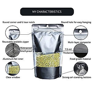 100 Pieces Resealable Stand Up zipper lock bag, Heat Seal Pouches Reusable Smell Proof Bag for Food Storage (BLACK,6x8.7 inch)
