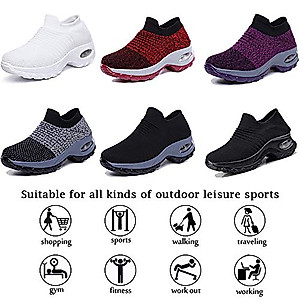 K&T Womens Cushion Walking Shoes Sock Sneakers Tennis Shoes Mesh Slip On Loafers Lightweight Fashion Nursing Girls Wedge Platform Dance Shoes, Black, 7 M US