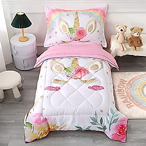Wowelife Toddler Bedding Sets for Girls, Premium 4 Piece Unicorn Bedding Toddler Bed Set Rainbow, Pink Toddler Comforter Set, Super Soft and Comfortable for Toddler