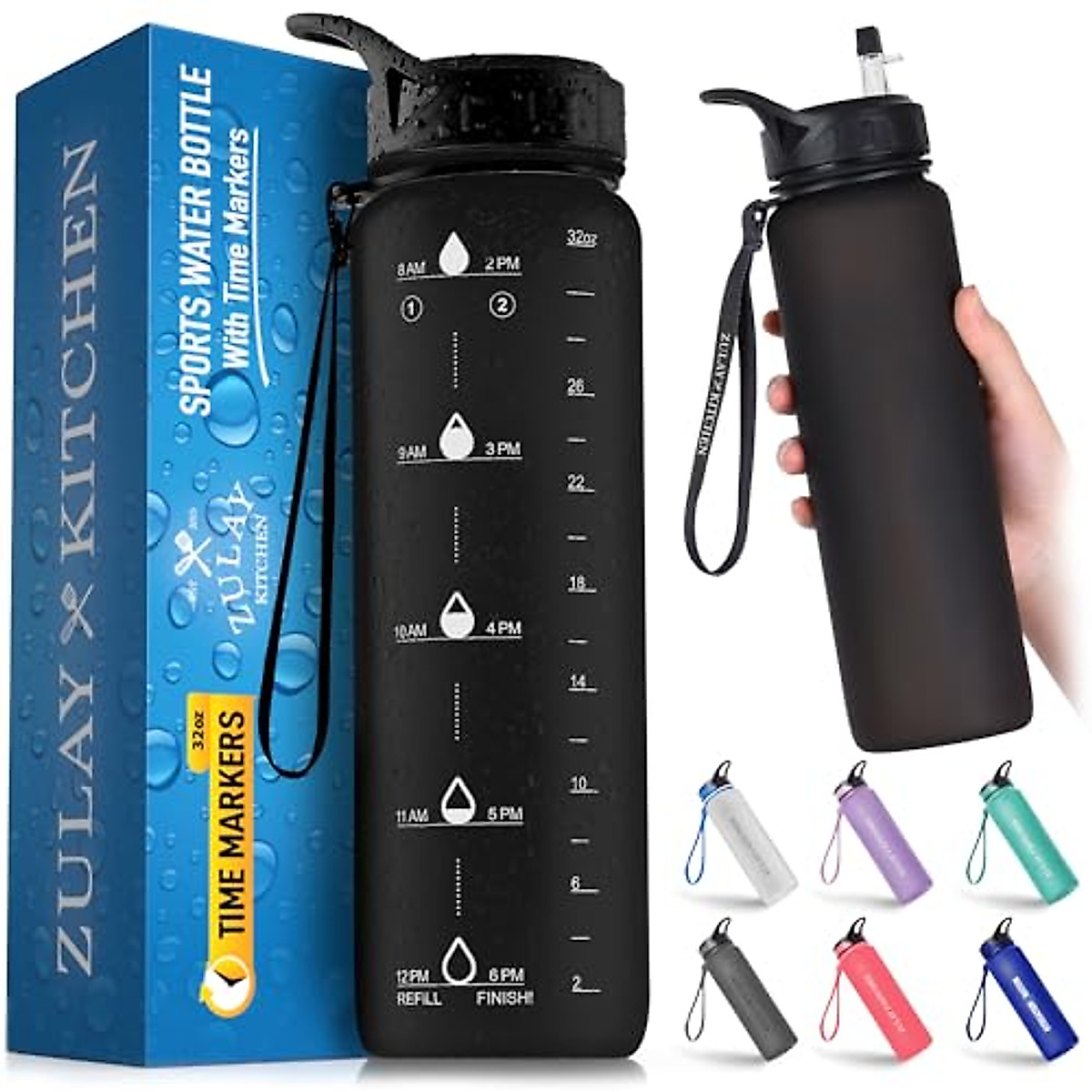 Hydration Nation (32oz Water Bottle With Time Marker - Leak Proof Water Bottles With Times To Drink For Fitness & Sports - 32oz Water Bottle With Straw For Drinking - Water Tracker Bottles (Black)
