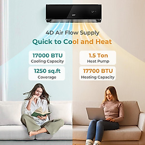 COSTWAY 18000 BTU Wifi Enabled Mini Split Air Conditioner & Heater, 21 SEER2 208-230V Inverter AC Unit Cools up to 1250 Sq. Ft., Energy Efficient (Black, 18000BTU, 208-230V, 21 SEER2-WIFI)