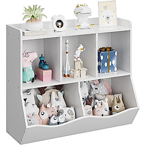 SUNNYFURN Kids 2-Tier Toy Storage Organizer Bookshelf - 5 Compartment Bookshelf & Toy Shelf for Kids' Room, Bedroom, Living Room, and Kindergarten - for Toys and Books White