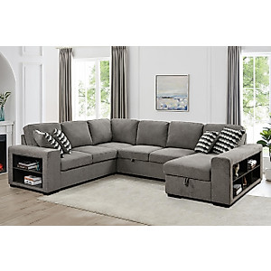 RENDGO 125'' U Shaped Oversized Sectional Sofa Couch with Cabinet,7 Seat Sectional Sleeper Sofa Bed with Storage Chaise, Pull Out Bed for Living Room,Grey