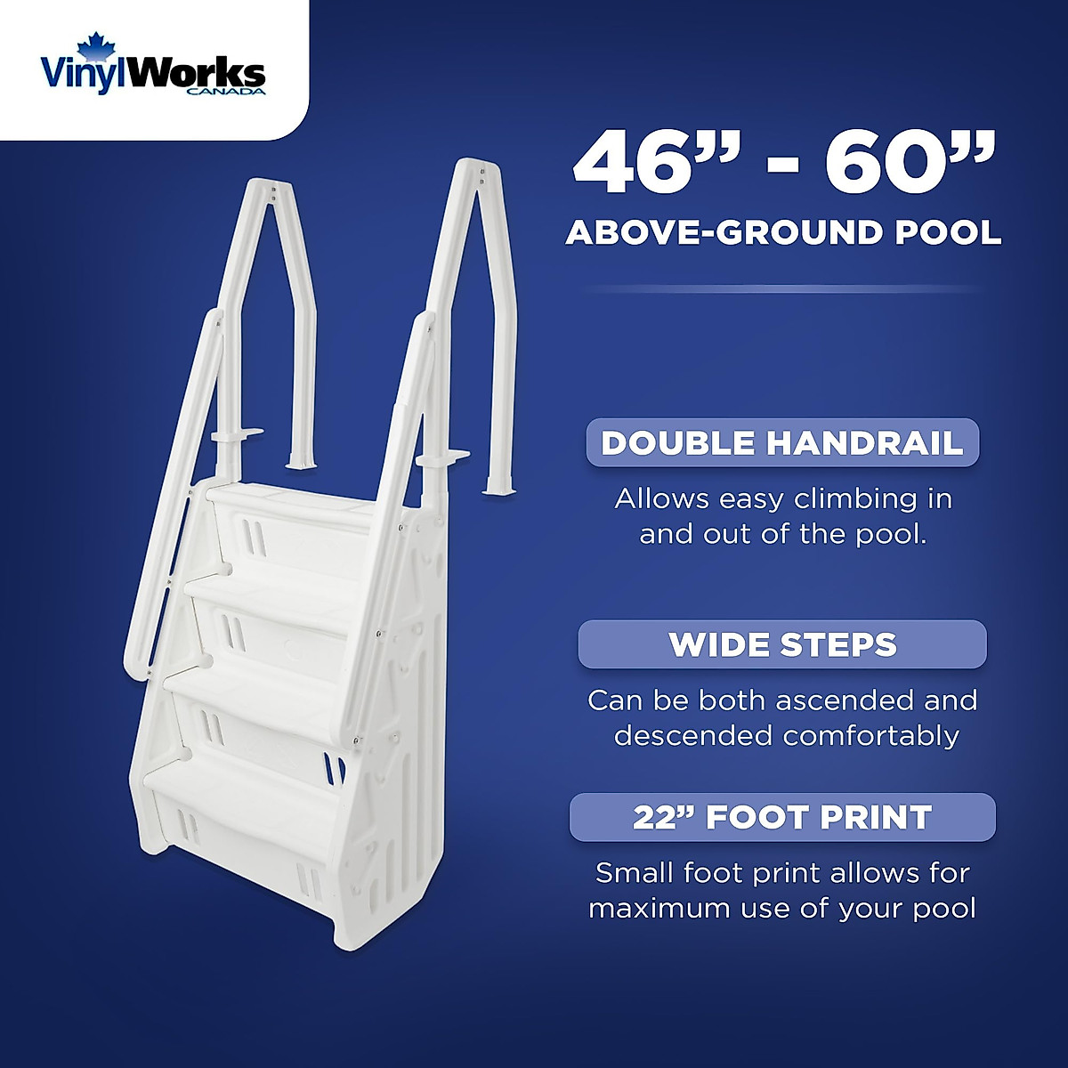 Vinyl Works Deluxe Versatile Adjustable 32 Inch in-Pool Step Ladder Entry System with Double Handrail for Above Ground Swimming Pools, White
