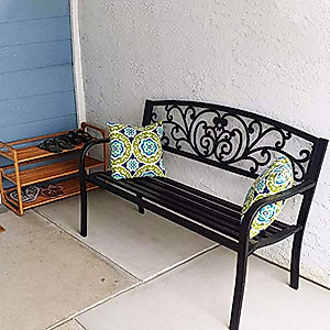 Dkeli 50” Garden Patio Bench Outdoor Metal Park Bench Furniture Cast Iron Porch Chair Seat with Armrests 480BLS Bearing Capacity for Park Yard Deck Lawn, Black