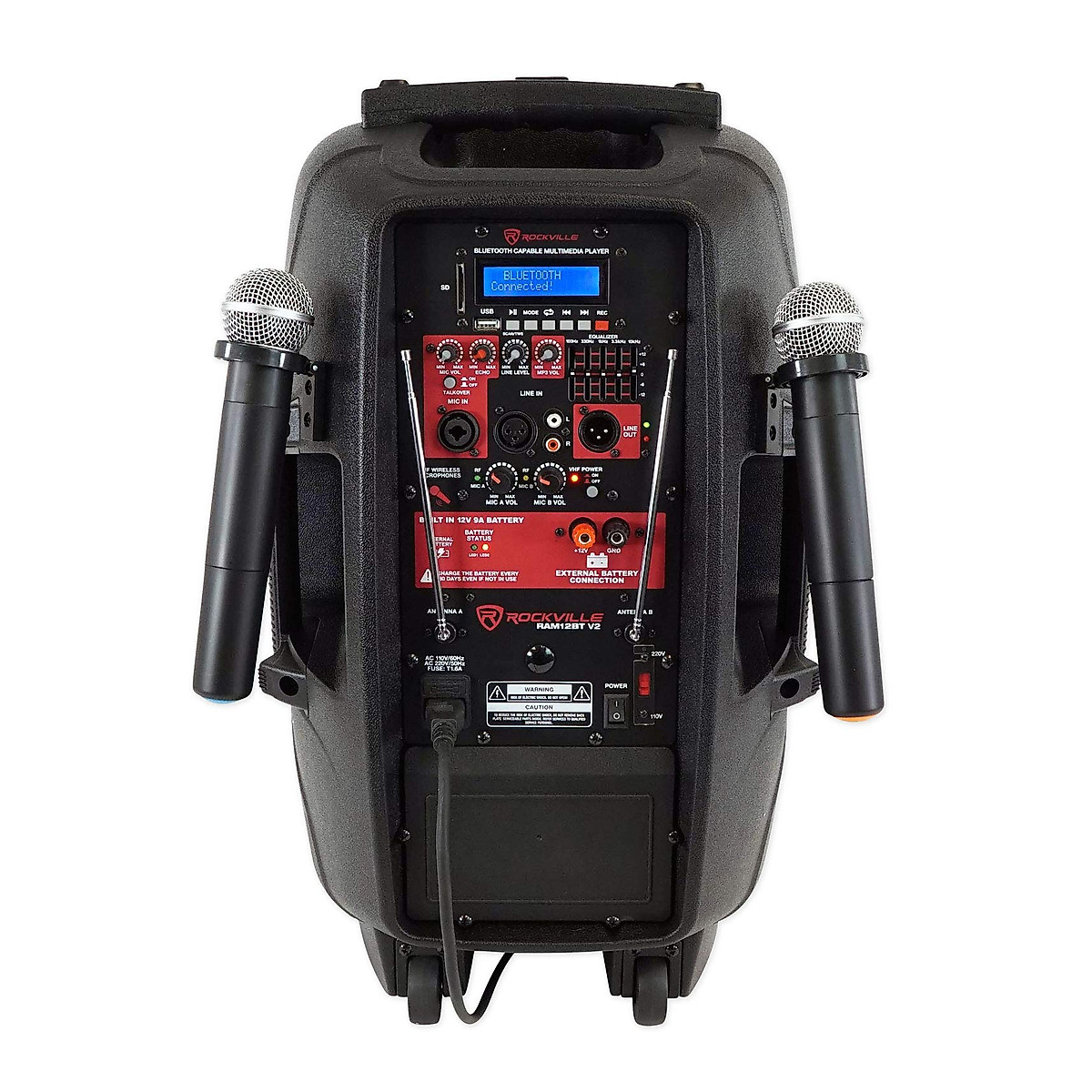 Rockville RAM12BT 12" Rechargeable Powered 600W PA Speaker+2 Mics+Bluetooth+Stand