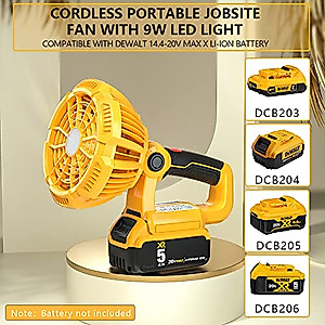 WaxPar For Dewalt Fan Cordless Camping Fan for Dewalt 20V Lithium Battery, USB Floor Fan Battery Operated Fan with 9W LED Light, Remote, 4H Timer Portable Tent Fan for Jobsite, Hiking, Fishing