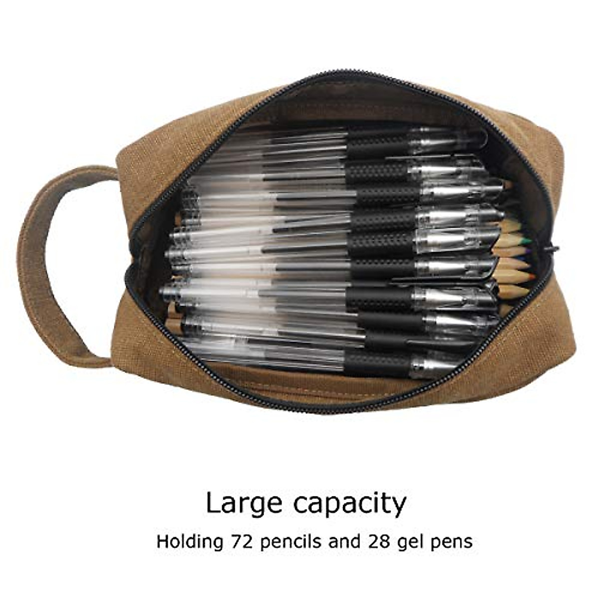 Enyuwlcm Heavy Canvas Stationery Large Pencil Bag with Handle Strap Durable Pencil Case with Two Compartments Zipper Pencil Holder 1 Pack Brown