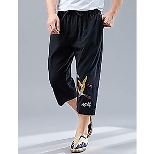LZJN Men's Summer 3/4 Pants Cotton Linen Elastic Waistband Wide Leg Capri Shorts Bermuda Lounge Trousers with Embroidery (MF-138 Black, One Size)