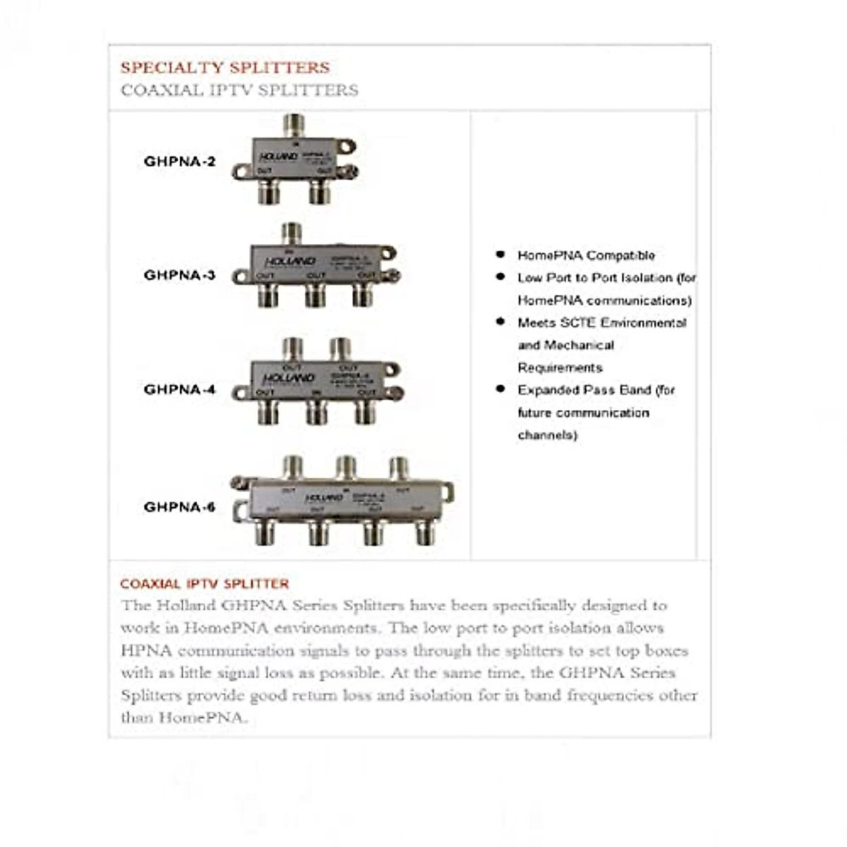HOLLAND ELECTRONICS 3-Way Balanced Splitter MOCA Compliant 5-1675MHz