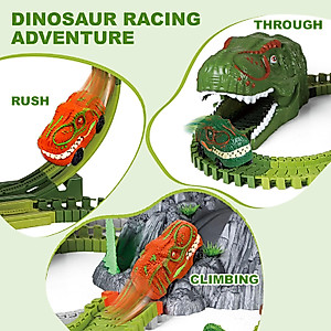 Dinosaur Track Toy Set, 194pcs Flexible Track Toy Set with Dino Car, 360 Degree Rotation Car Track Toy, Create A Dinosaur World Road Race, Dinosaur Toys Track for Kids Ages 3 4 5 6 7 Year Old Boy Girl