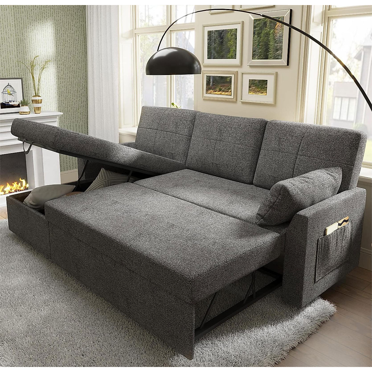 Merluxy Sofa Bed Sleeper Sofa with Storage Chaise 2 in 1 Pull Out Couch Bed for Living Room Sectional Couch with Pull Out Bed Gray