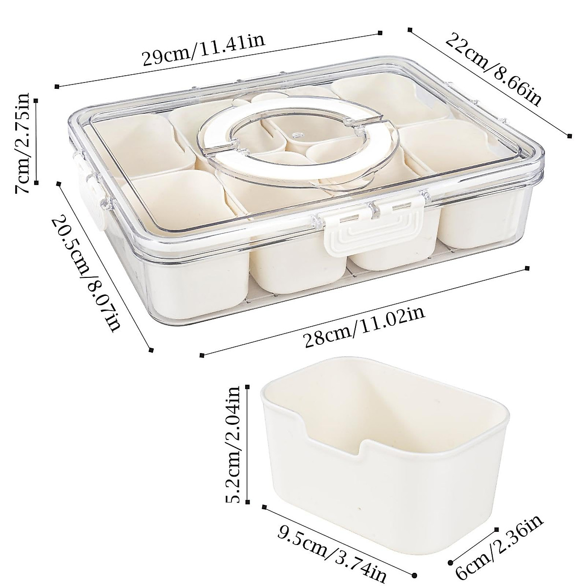 Snackle Box Container, Divided Serving Tray with Lid and Handle, 8 Compartments Serving Platters and 5 Stainless Steel Forks, Perfect for Organizing and Storing Candy, Fruits, Nuts, Snacks
