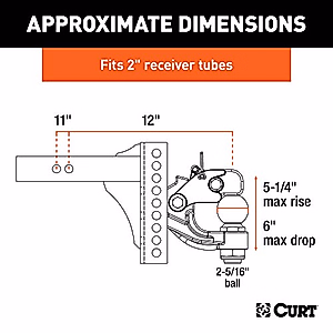 CURT 45907 Adjustable Pintle Hitch Combination, 2-Inch Receiver, 6-Inch Drop, 2-5/16-Inch Ball, 13,000 lbs, CARBIDE BLACK POWDER COAT