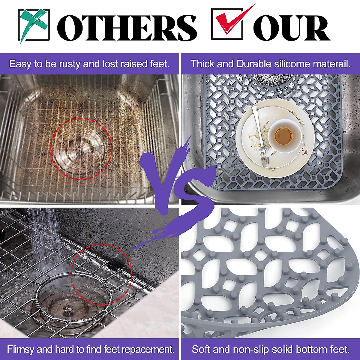 JUSTOGO Silicone Sink Mat, Kitchen Sink Protectors for Kitchen Sink Grid Accessory with Center Drain 24.8"x 13",1 PCS Non-slip Folding Sink Mats for Bottom of Farmhouse Stainless Steel Porcelain Sink