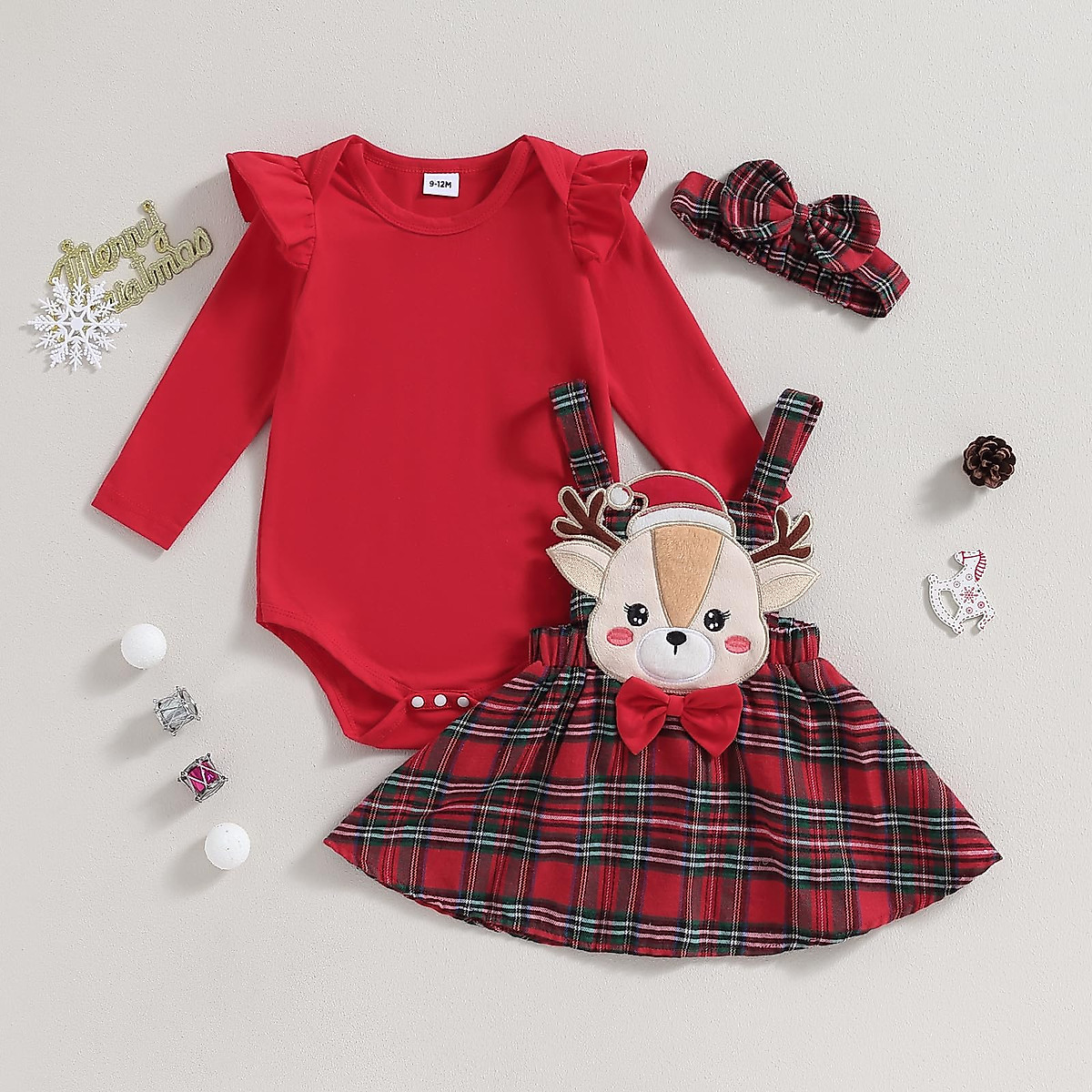YINGISFITM My First Christmas Baby Girl Outfit Ruffle Long Sleeve Onesie Elk Embroidery Plaid Skirt Set Fall Winter Clothes (First Christmas Red, 6-9 Months)