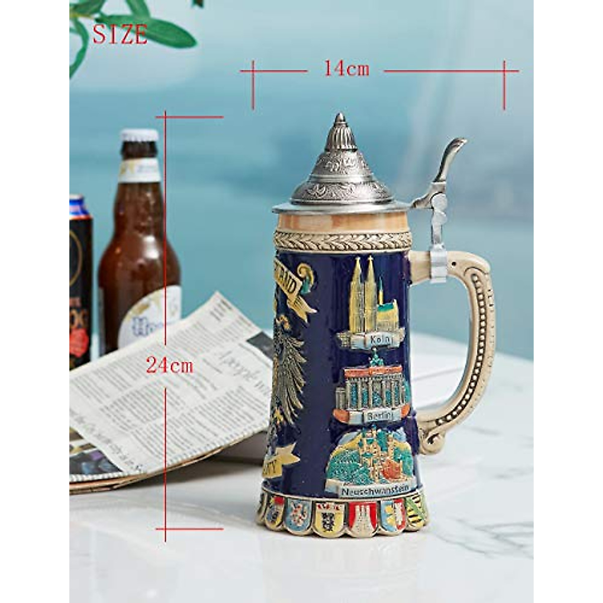 HAUCOZE Beer Stein Mug German Coats of Arms Stanley Viking Tankard with Petwer Lid Birthday Gifts 0.6Liter