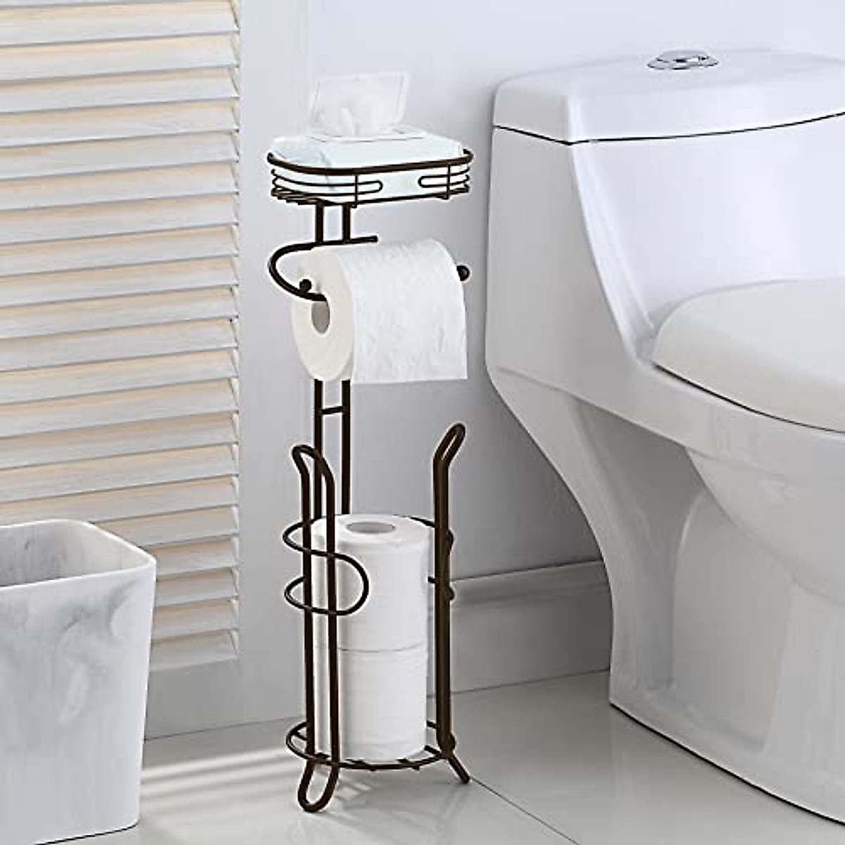 SunnyPoint Bathroom Heavyweight Toilet Tissue Paper Roll Storage Holder Stand with Reserve and Shelve, The Reserve Area Has Enough Space to Store Mega Rolls. (Bronze)