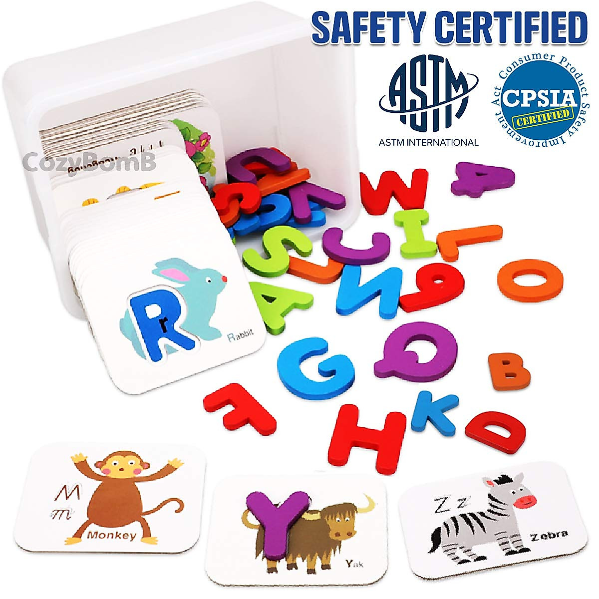 CozyBomB™ Toddler Alphabet Flash Cards - Preschool Activities Learning Montessori Toys ABC Wooden Letters Jigsaw Numbers Alphabets Puzzles Flashcards for Age 2 3 4 Years Old Educational for Kids Baby