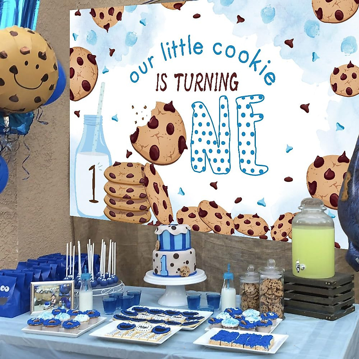 Rcoaror Our Little Cookie is Turning One Backdrop Cookies and Milk 1st Birthday Party Background Blue White Little One Boys Decorations First Birthday Banner Props 71X47inch