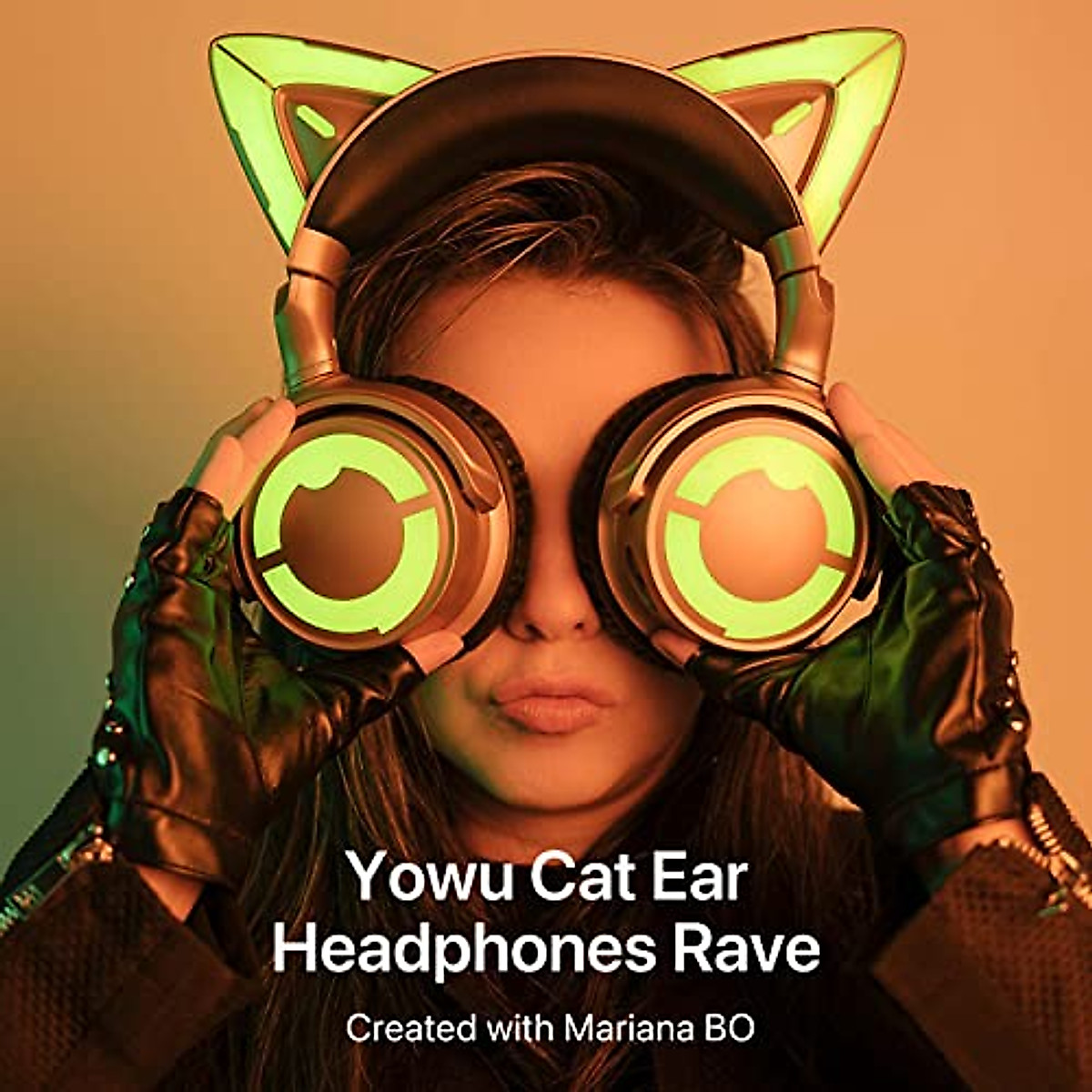 YOWU Cat Ear Headphones Rave, Created with Mariana BO, Hi-Fi Gaming Headset with Attachable HD Mic -Active Noise Reduction, 50mm Coaxial Speaker & Customizable Lighting and Effect via APP (Golden)