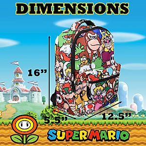 Nintendo Super Mario Backpack for Boys & Girls, School Bag with Front Pocket, Allover Character Print Gaming Bookbag with Padded Back and Adjustable Mesh Straps