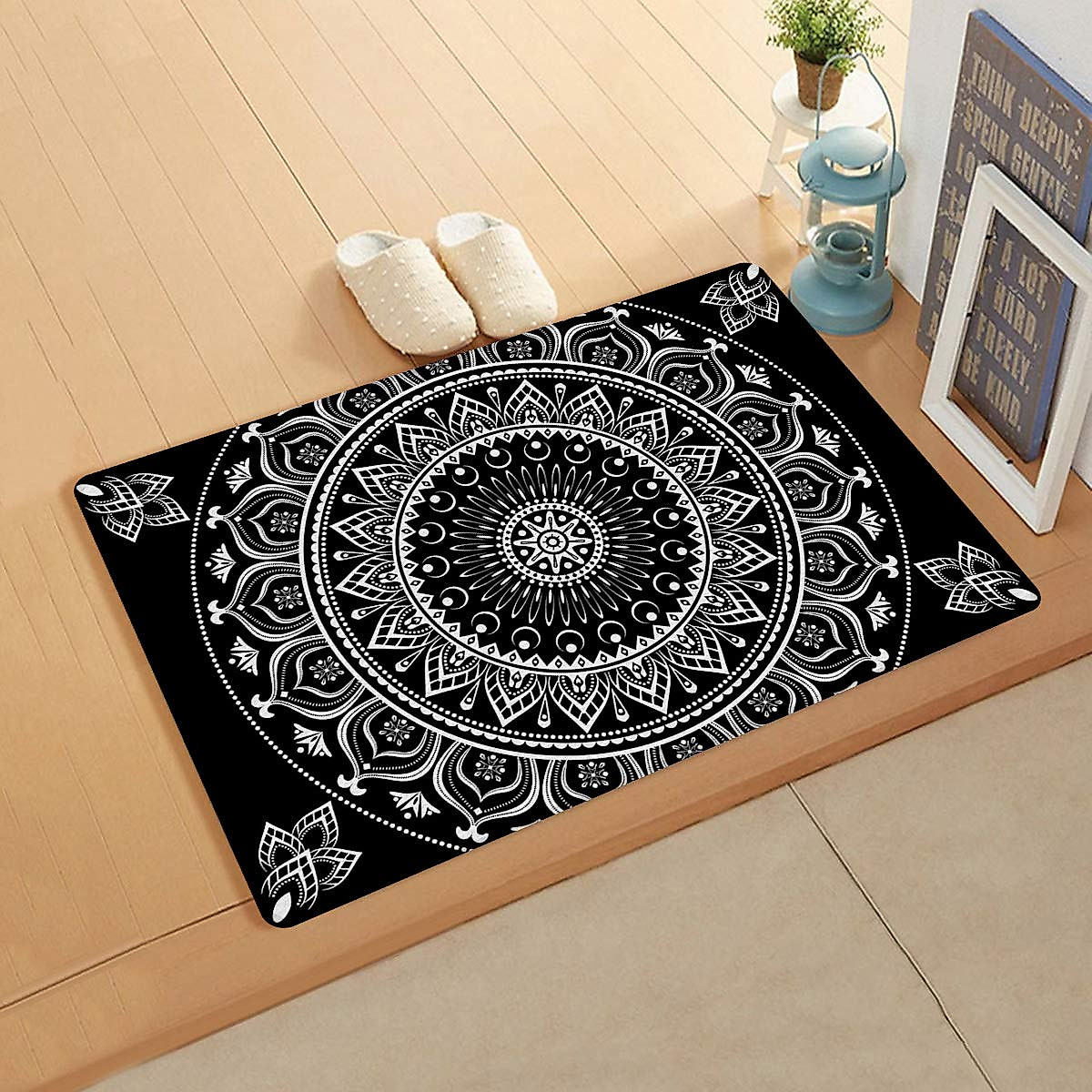 Mandala Antifatigue Kitchen Bath Door Mat Cushioned Runner Rug, Washable Welcome Floor Sink Mat, Abstract Floral Pattern Black Waterproof & Non-Slip Comfort Standing Doormat for Kitchen, 24"x36"