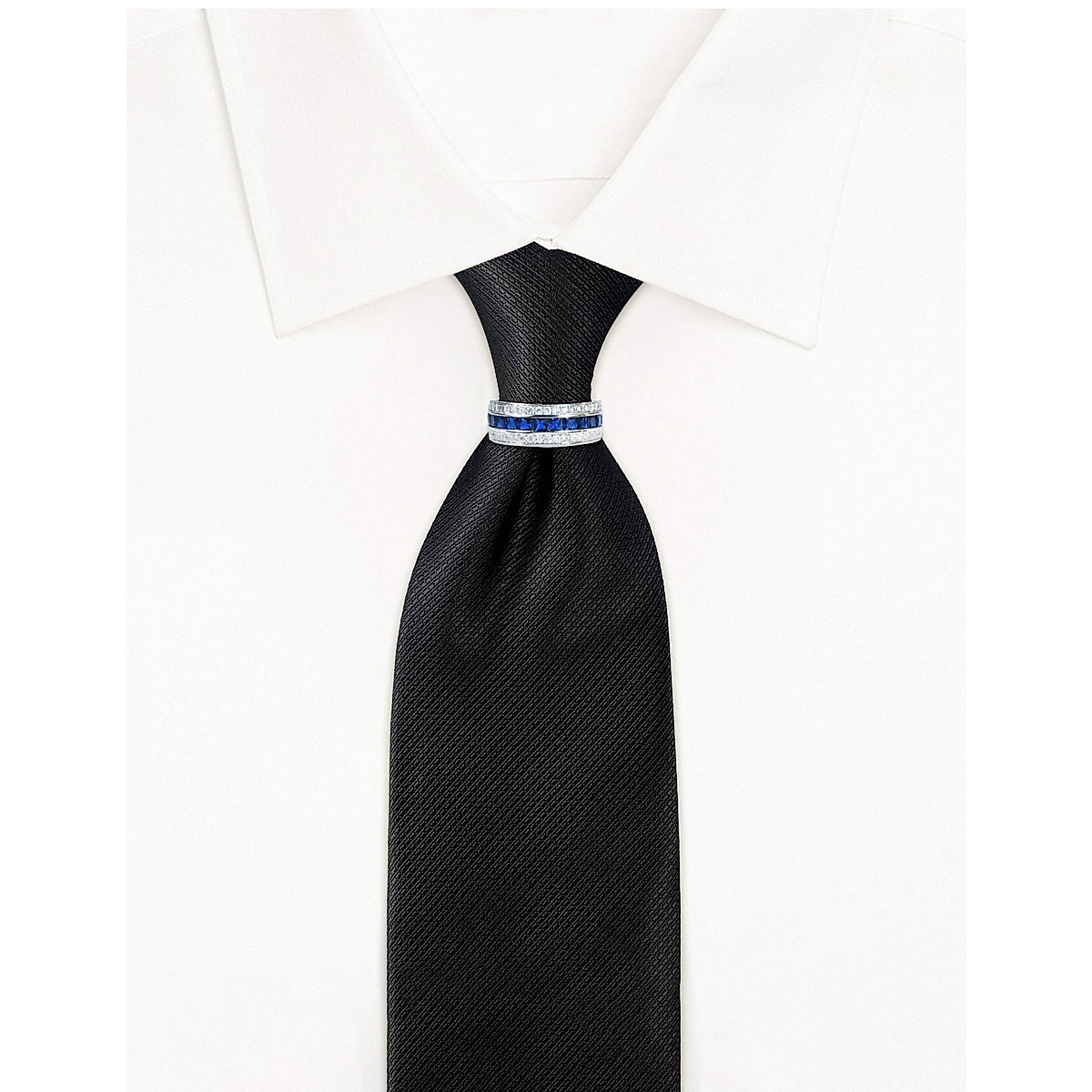 Mens Tie Ring Tie Clasp Necktie Clips Holder Bar Accessories for Necktie Gold Silver Tone (Silver Square Blue CZ)