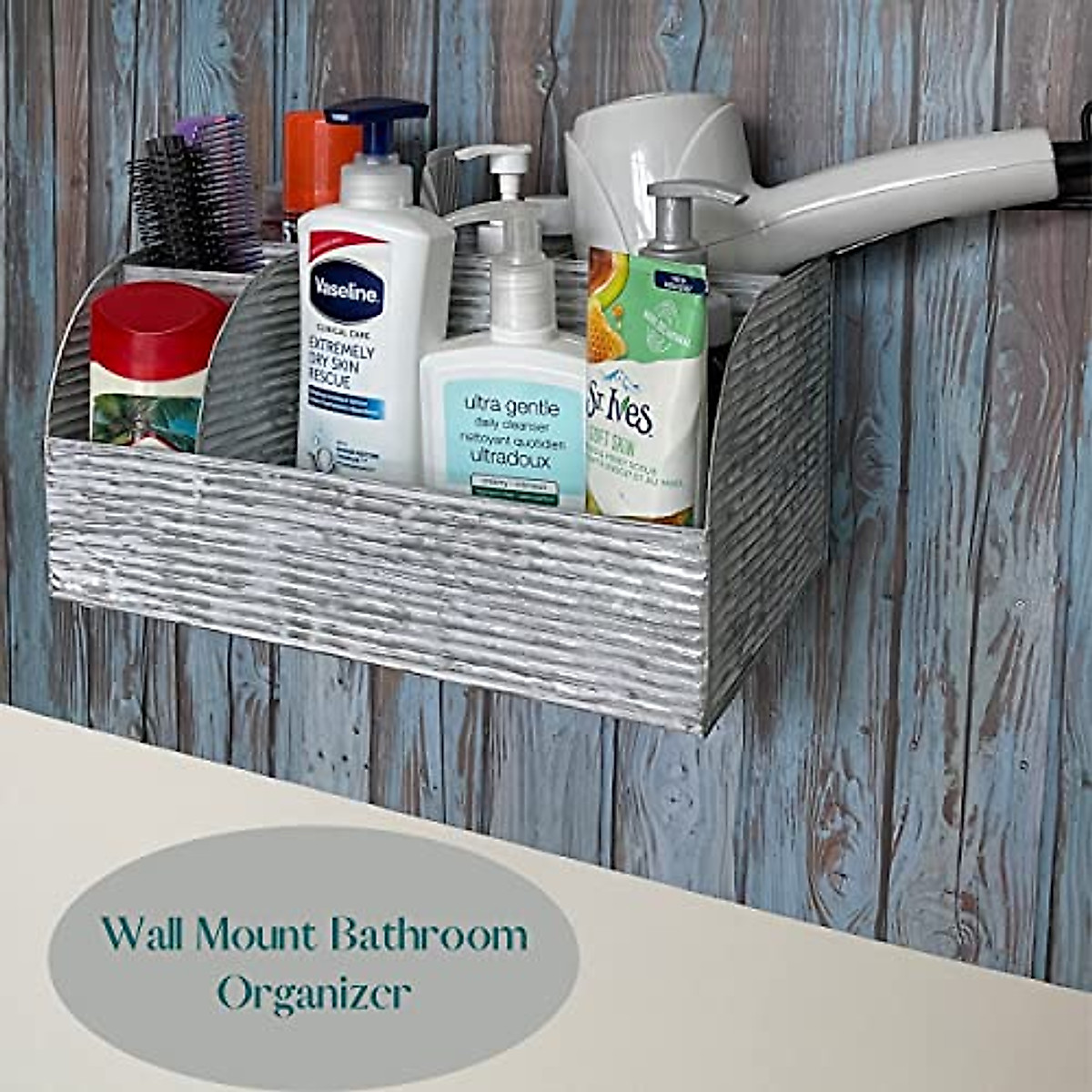 KOTINARA Farmhouse Bathroom Caddy Organizer - White Galvanized Shower Caddy with 6 Compartments - Wall Mount/Countertop Rustic Organizer for Farmhouse Bathroom and Kitchen