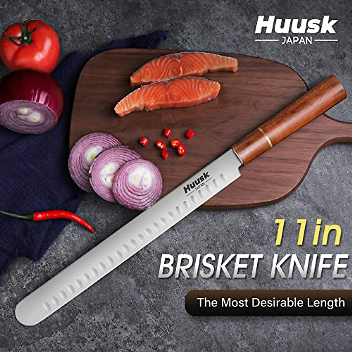 Huusk Slicing Knife 11 Inch Brisket Carving Knife for Meat, Japan Knife with Wood Handle Japanese AUS-10 Steel Super Sharp Long Knife for Meats Ribs Roasts