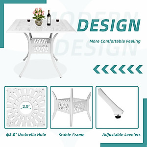 MEETWARM 5-Piece Outdoor Patio Dining Set, All-Weather Cast Aluminum Patio Conversation Set for Backyard Garden Deck with 4 Chairs, 4 Cushions and 35.4" Square Table with Umbrella Hole, White