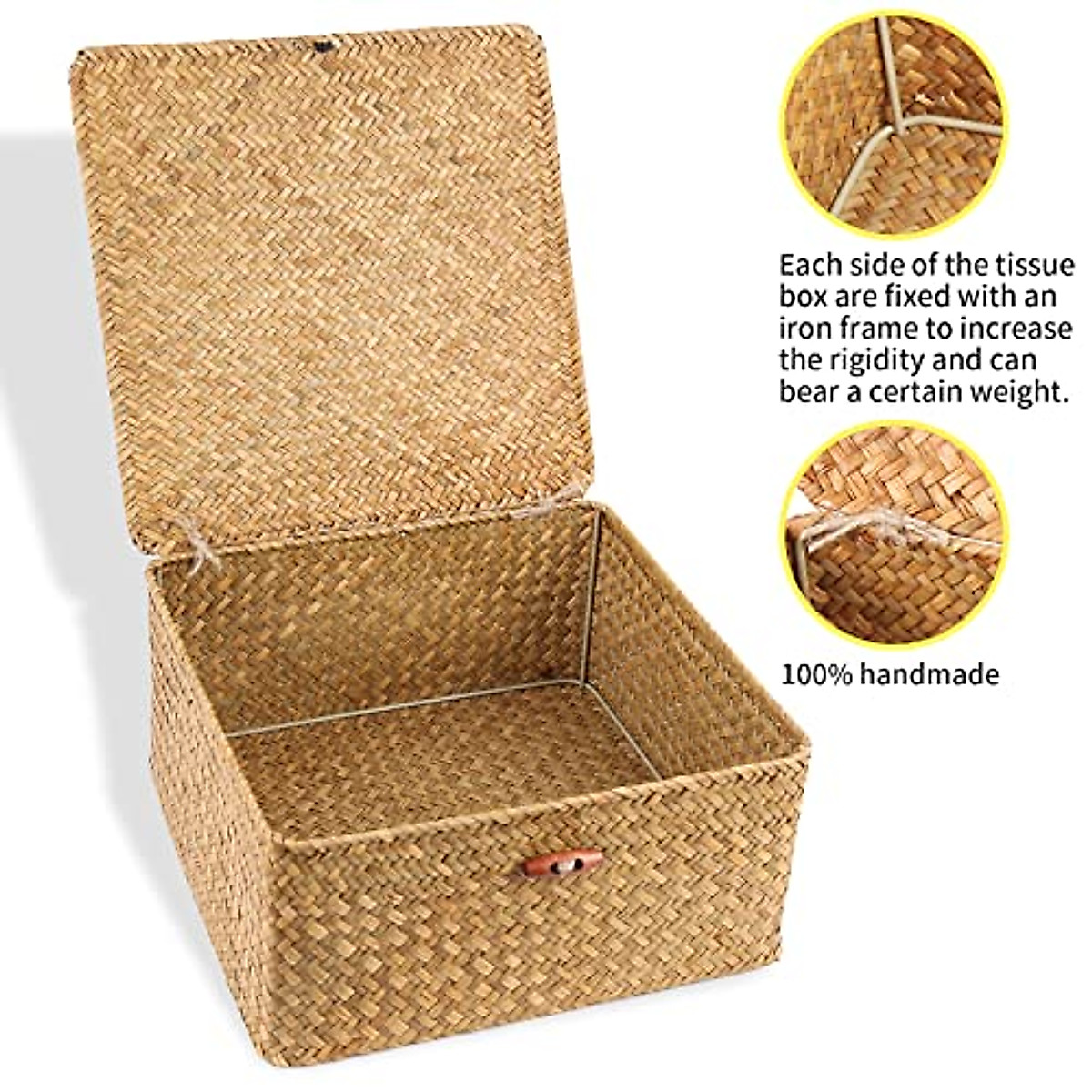 Ruosuruosu Cube Stackable Storage Bins Lids,Wicker Woven Storage Baskets Shelves,Set 4 Seagrass Storage Boxes,Rattan Storage Containers Organizing,Clothes,Toys,Books Cluttered Small Items Honey Brown