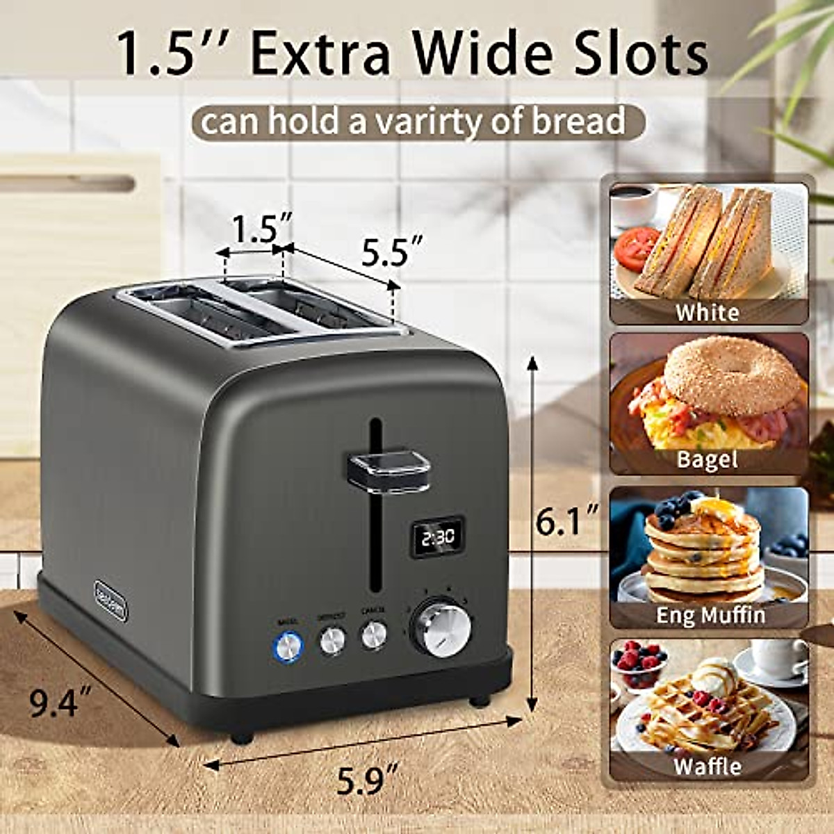 SEEDEEM Toaster 2 Slice, Stainless Steel Bread Toaster with LCD Display, 7 Bread Shade Settings, 1.5'' Variable Extra Wide Slots Bagel Toaster with 4 Functions, Removable Crumb Tray, 900W, Dark Metallic …