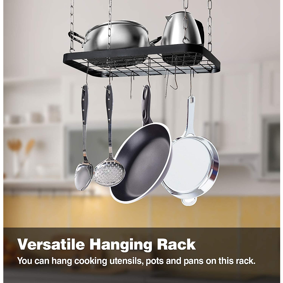 JACKCUBE DESIGN Hanging Pot and Pan Ceiling Rack, Wall Mount Grid Kitchen Pot Organizer Storage Shelves for Utensils, Cookware with 8 S Hooks (24.4 x 11.8 x 1.2 inches)- MK397B