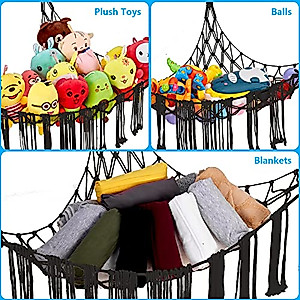 Stuffed Animal Net or Hammock, Porsuluola Macrame Toy Net Hammock for Stuffed Animals with Tassel Wall Corner Toy Storage Hammock Kids Hanging Mesh Toy Net Organizer Black