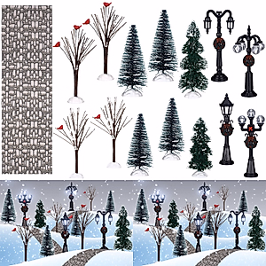 Aoriher 15 Pcs Christmas Figurine Village Accessories Miniature Pine Trees Snow Artificial Christmas Trees Cardinal Bare Branch Trees Streetlight Lamps Cobblestone Street Figurine for Xmas (Classic)