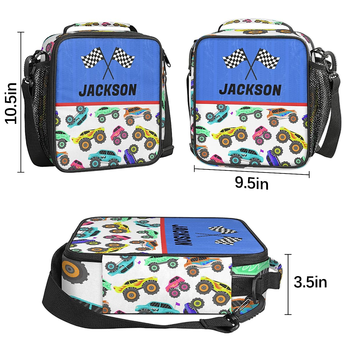 OMFUNS Racing Car Custom Name Reusable Lunch Bag for Kids Boys Teen, Colorful Truck Personalized Insulated Lunch Box Thermal Cooler Customized Lunch Tote Bag for School Picnic