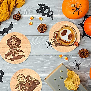 Whaline 4Pcs Halloween Wood Coaster Horror Movie Character Wood Round Coasters Halloween Holiday Cup Mat for Drinking Glasses Tabletop Protection Halloween Home Kitchen Office Decor